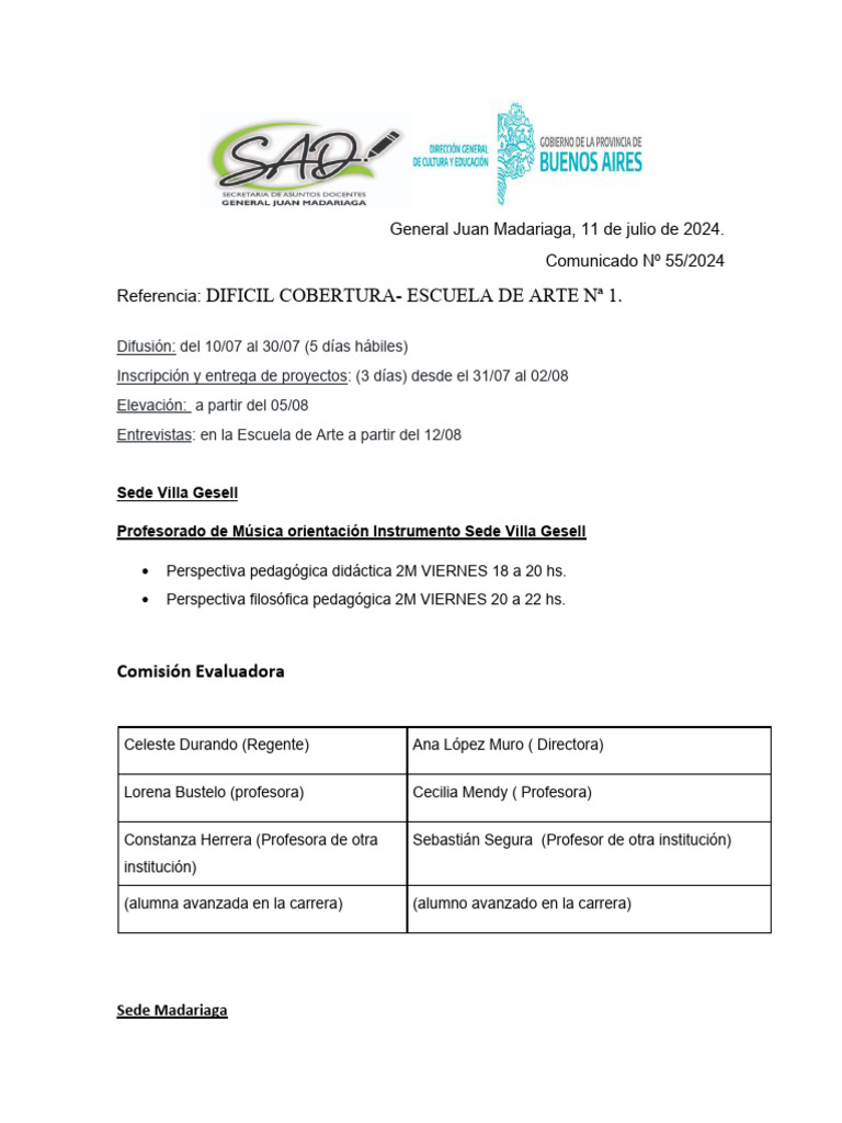 Comunicado 55-2024 Dificil Cobertura Escuela de Arte | PDF | Plan de estudios