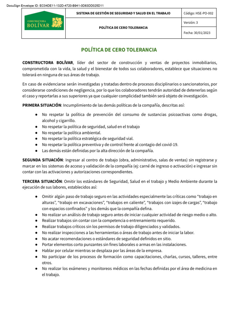 Hse-Po-002 Política Cero Tolerancia V.3.0 | PDF | Residuos