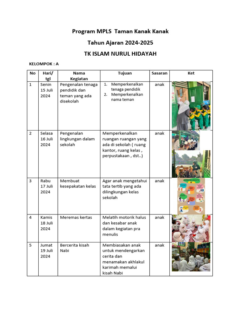 Program MPLS TK Nurul Hidayah 2024 | PDF