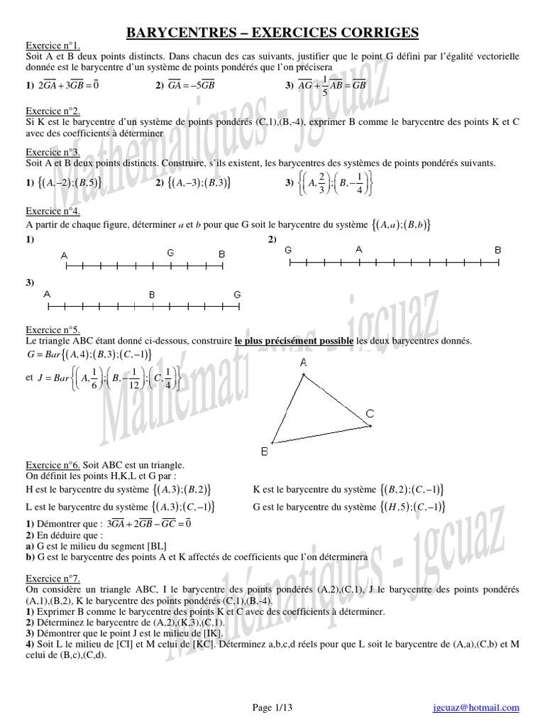 Exercices Corrigés sur les Barycentres | PDF | Mathématiques | Concepts ...