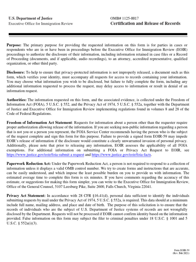 EOIR-59 Form: Record Release Authorization | PDF | Freedom Of ...