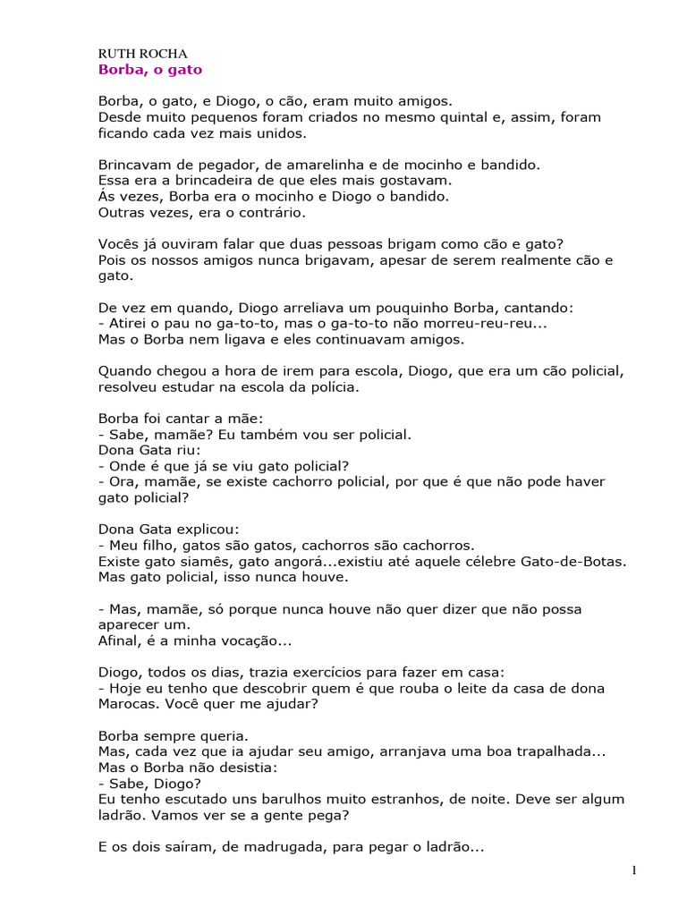 Borba, o Gato (Ruth Rocha) | PDF | Gatos | Cães