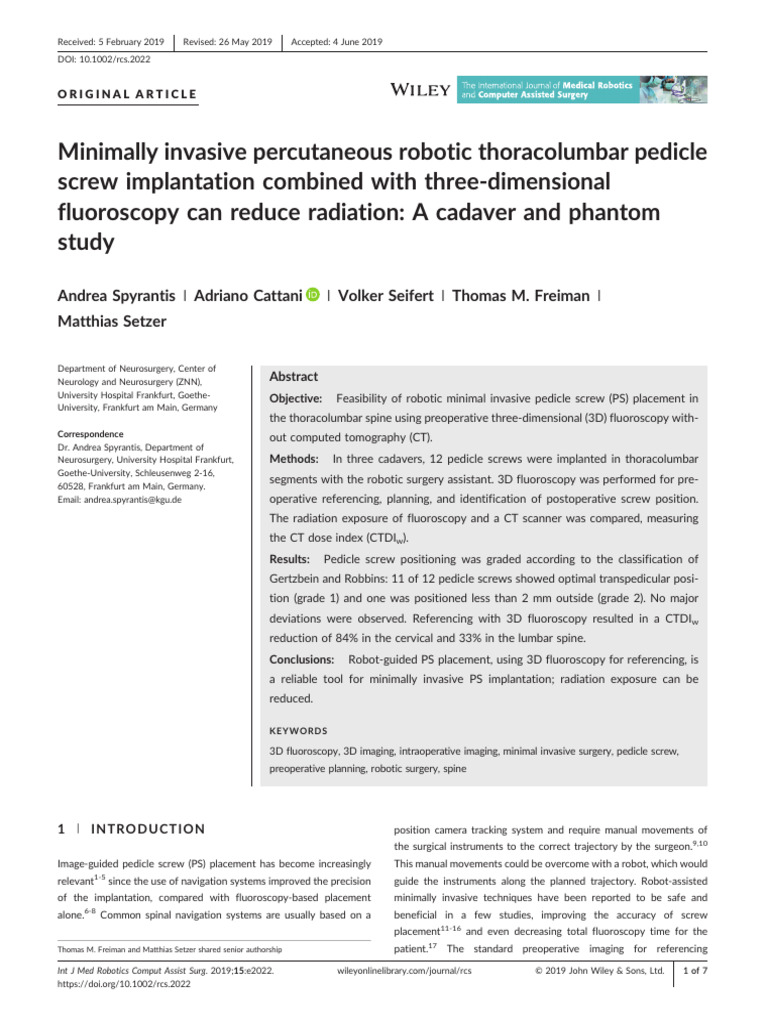 Minimally invasive robotic thoracolumbar screw implantation using 3D ...