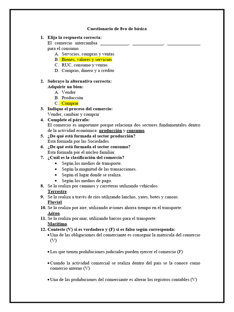 Cuestionario de 8vo de Básica - Examen | PDF | Contabilidad | Comercio