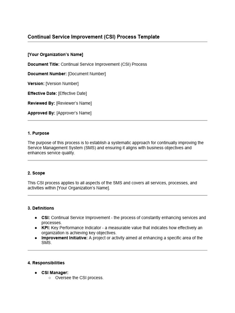 Continual Service Improvement (CSI) Process Template | PDF ...