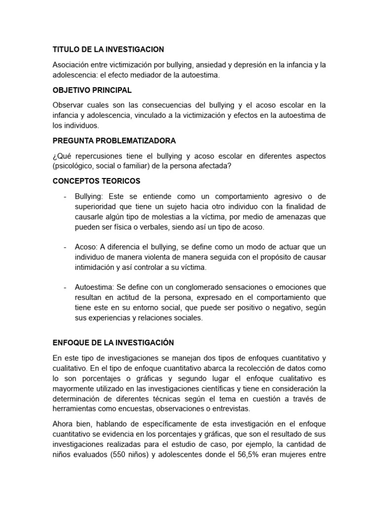 Investigacion Acoso y Bullying | PDF | Ansiedad | Depresión (estado de ...