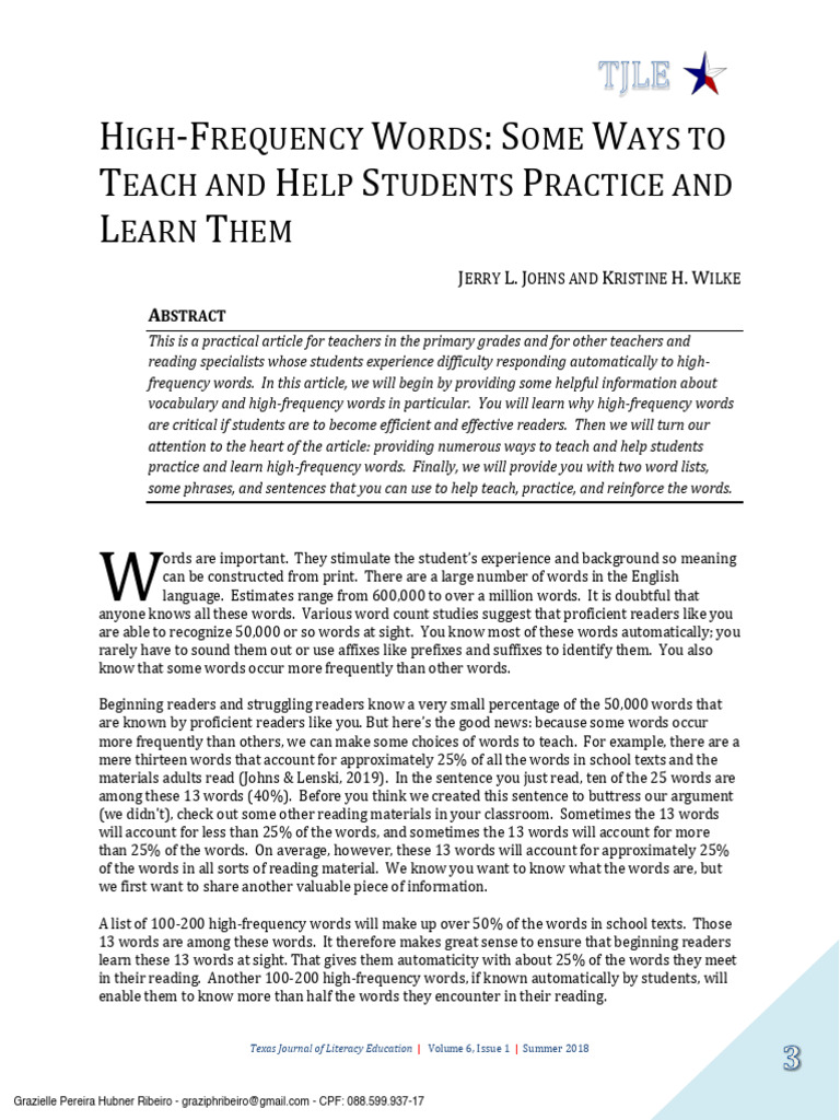 High Frequency Words | PDF | Phonics | Linguistics