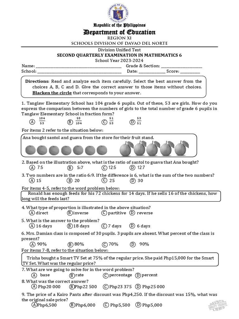 Math 6 TQ | PDF | Multiplication | Ratio