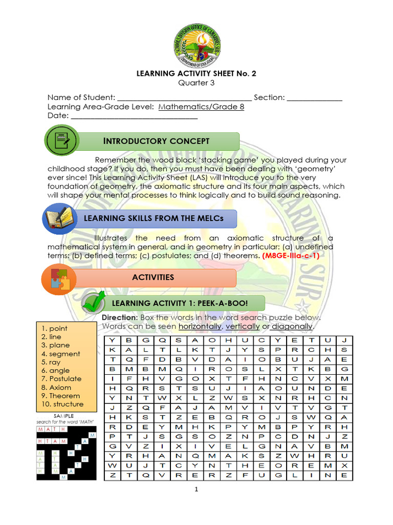 Q3 Math 8 Las 2 M8ge Iiia C 1 Pdf Axiom Line Geometry