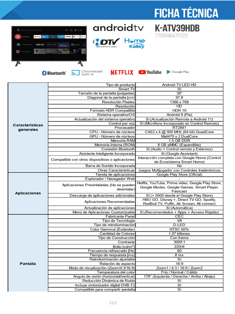 Android TV 39" HD con HDR10 y Google Assistant | PDF | Hdmi | Google Play