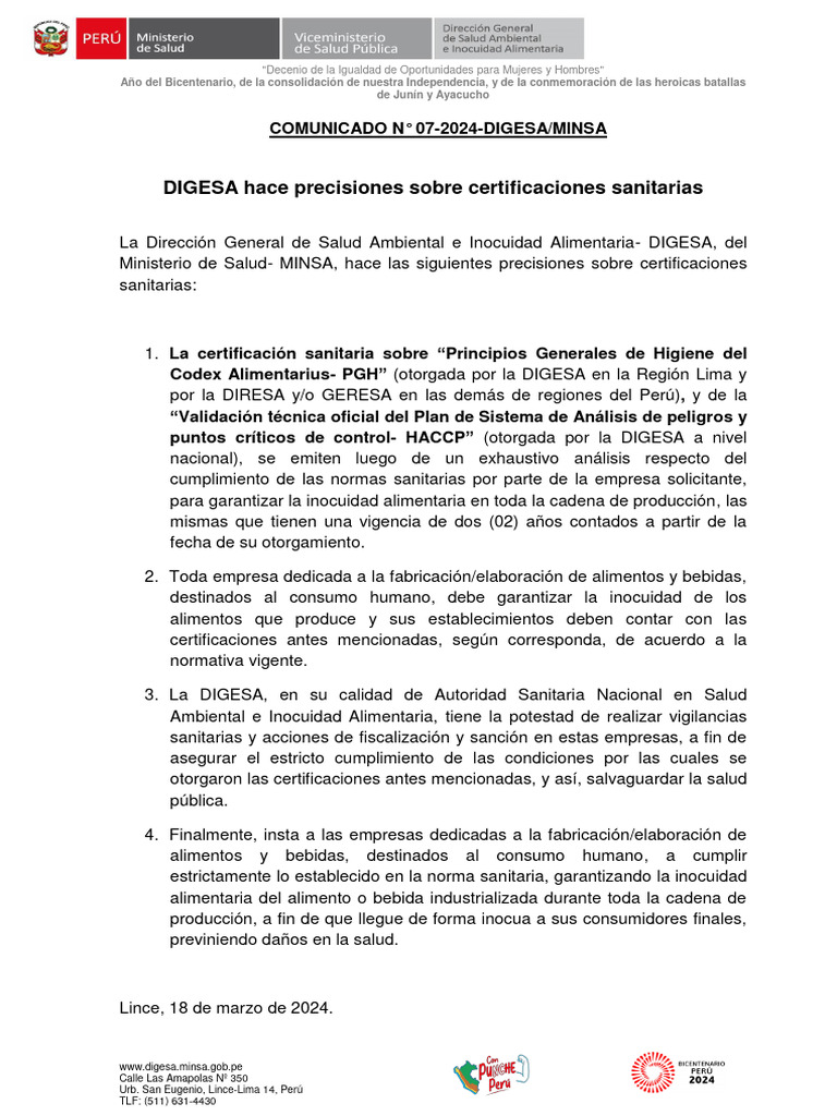 Comunicado 07 2024 Digesa Minsa 01 | PDF | Seguridad alimenticia | Análisis de Riesgo y Puntos ...