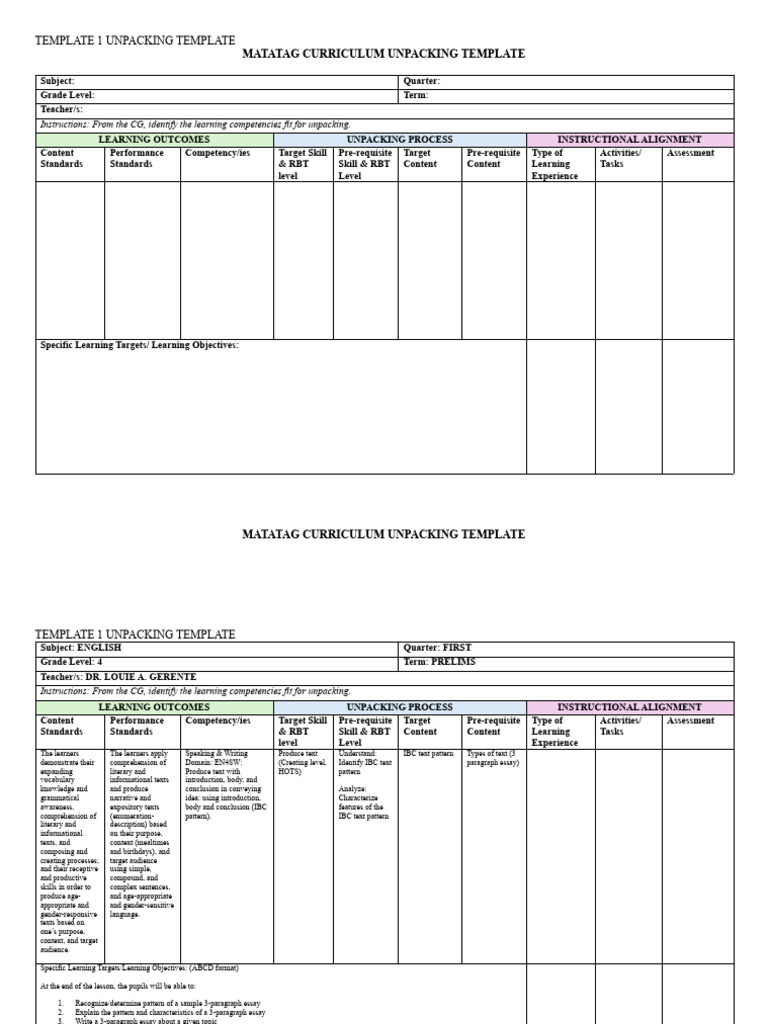 Matatag Curriculum Unpacking Template | PDF | Reading Comprehension ...