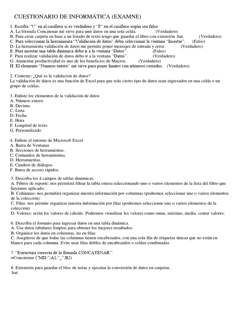 Cuestionario de Informática (Examen) | PDF | Macro (informática) | Microsoft Excel