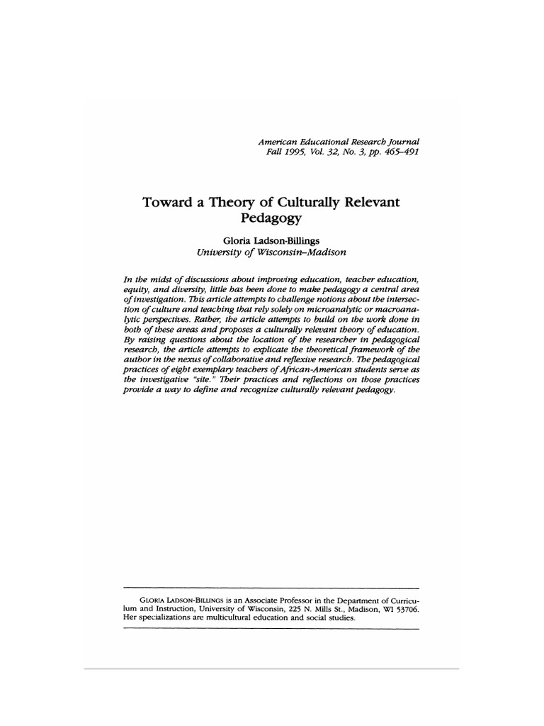 Ladson Billings 1995 Toward A Theory of Culturally Relevant Pedagogy | PDF | Teachers | Pedagogy