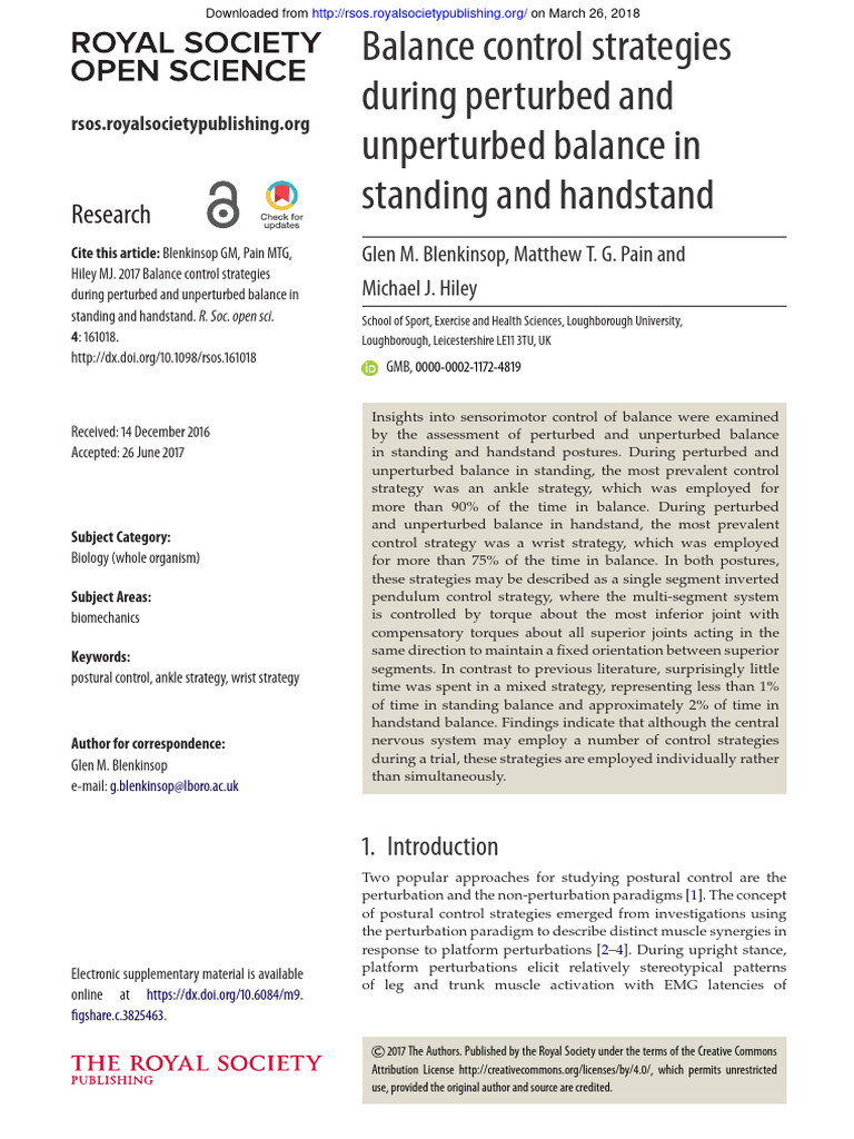 Balance Control in Standing and Handstand | PDF | Force | Kinematics