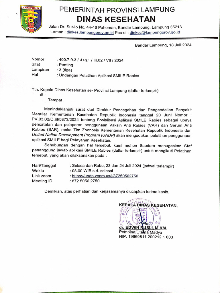 Undangan Pelatihan Aplikasi SMILE Rabies Pelayanan Kesehatan | PDF