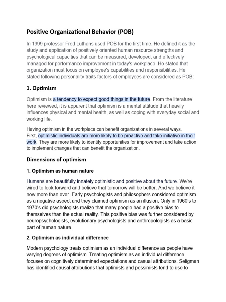 Unit-5 Positive Organizational Behavior | PDF | Optimism | Emotions