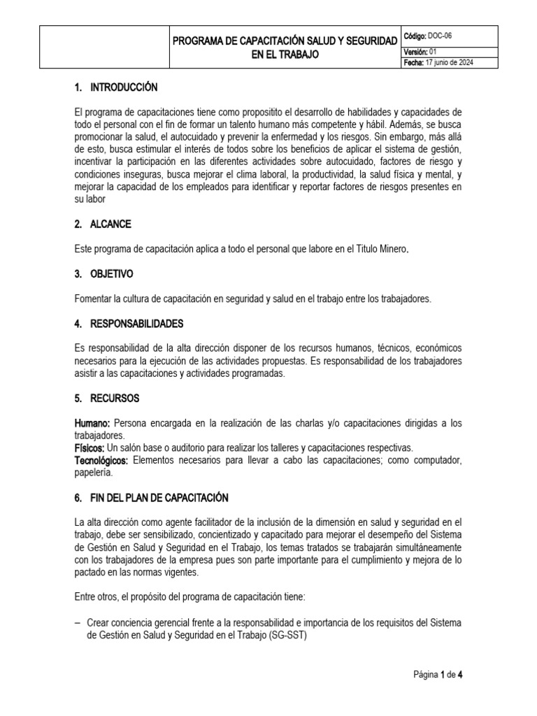 Doc-06 Programa de Capacitación SST | PDF | Valores | Gestión de ...