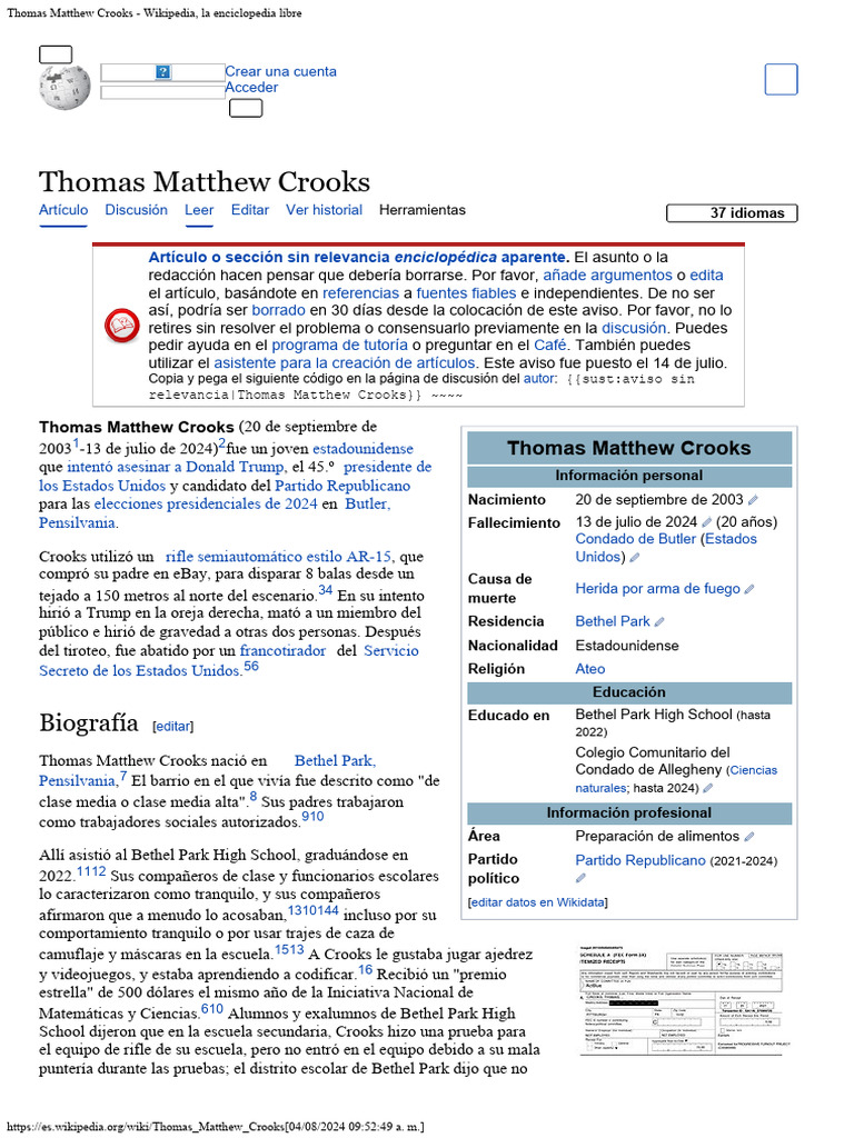 Thomas Matthew Crooks | PDF | Wikipedia | Donald Trump