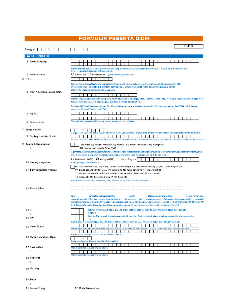 Formulir Peserta Didik Dapodik | PDF
