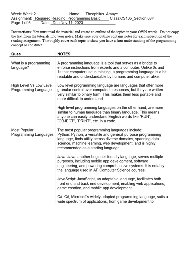 Week 2 CornellNotesTemplate On Python | PDF | Python (Programming ...