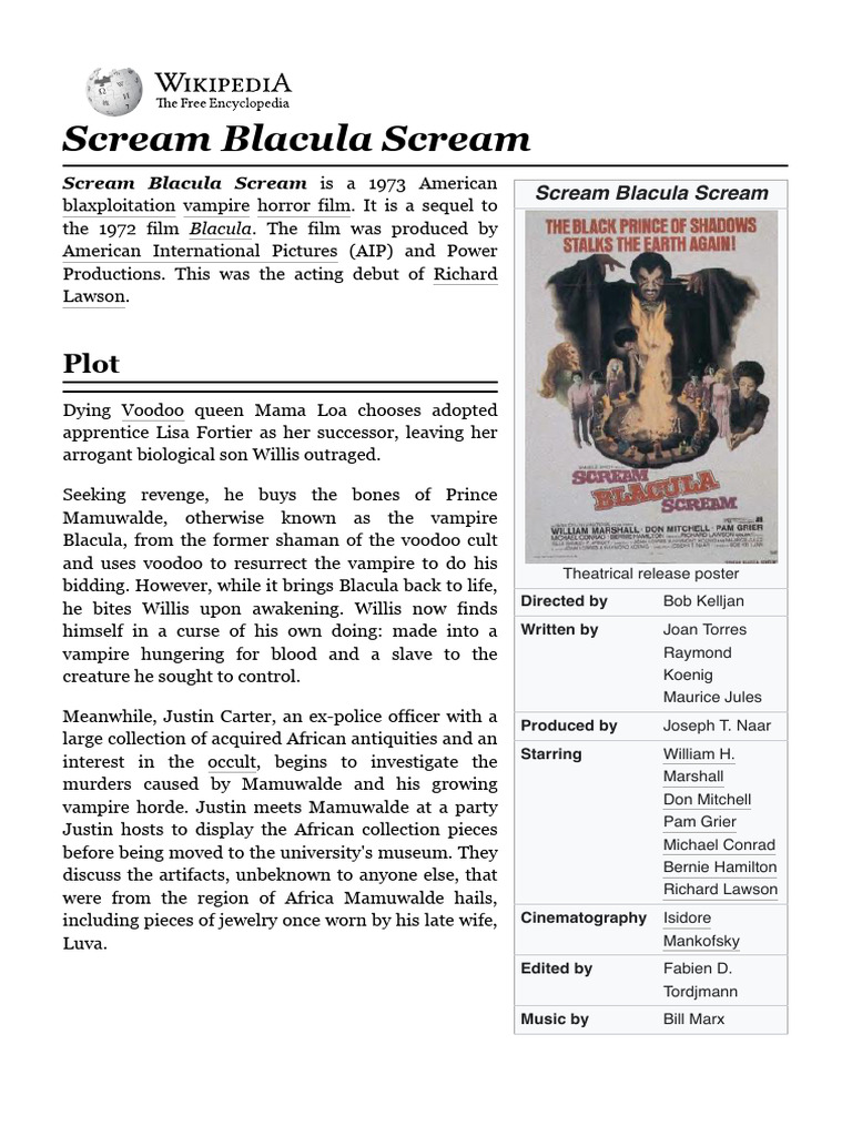 Scream Blacula Scream: 1973 Horror Sequel | PDF