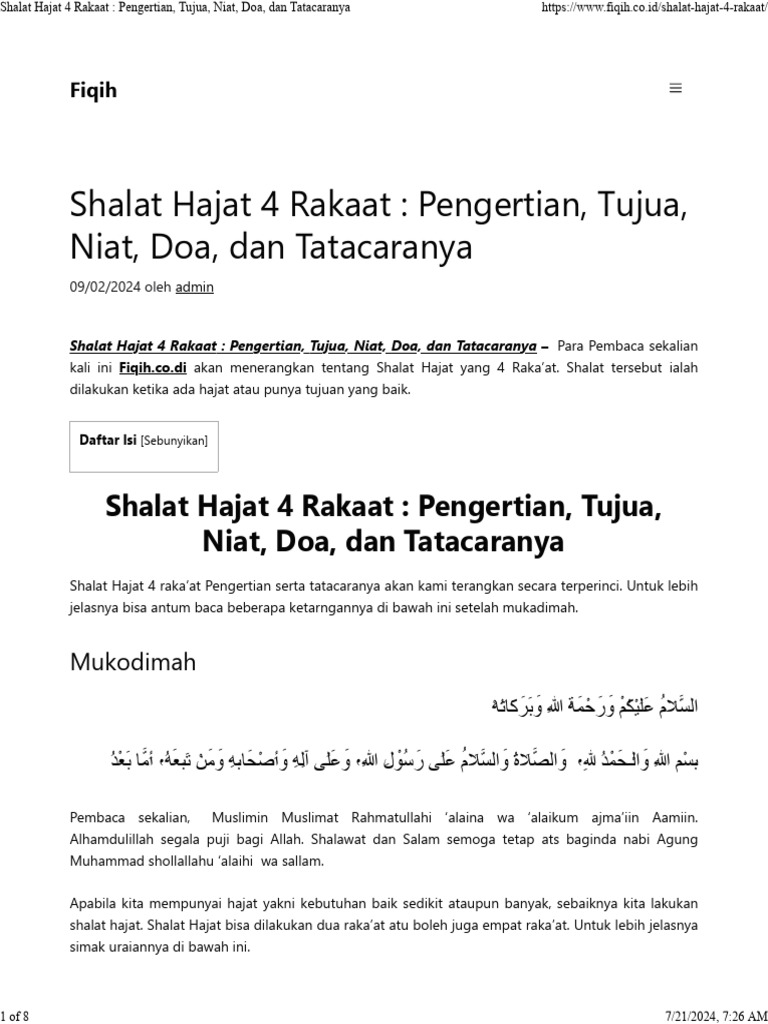 Shalat Hajat 4 Rakaat: Panduan Lengkap | PDF