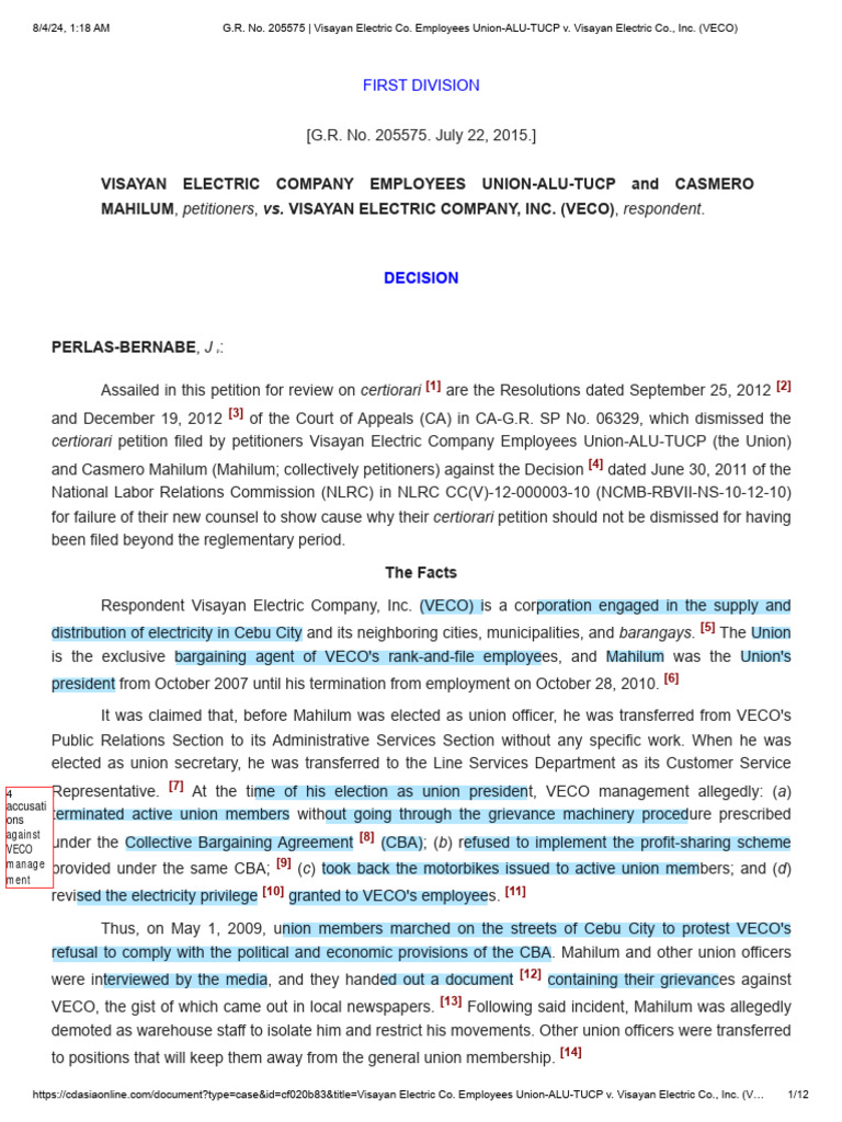 G.R. No. 205575 - 2visayan Electric Co. Employees Union-ALU-TUCP v. Visayan Electric Co., Inc ...