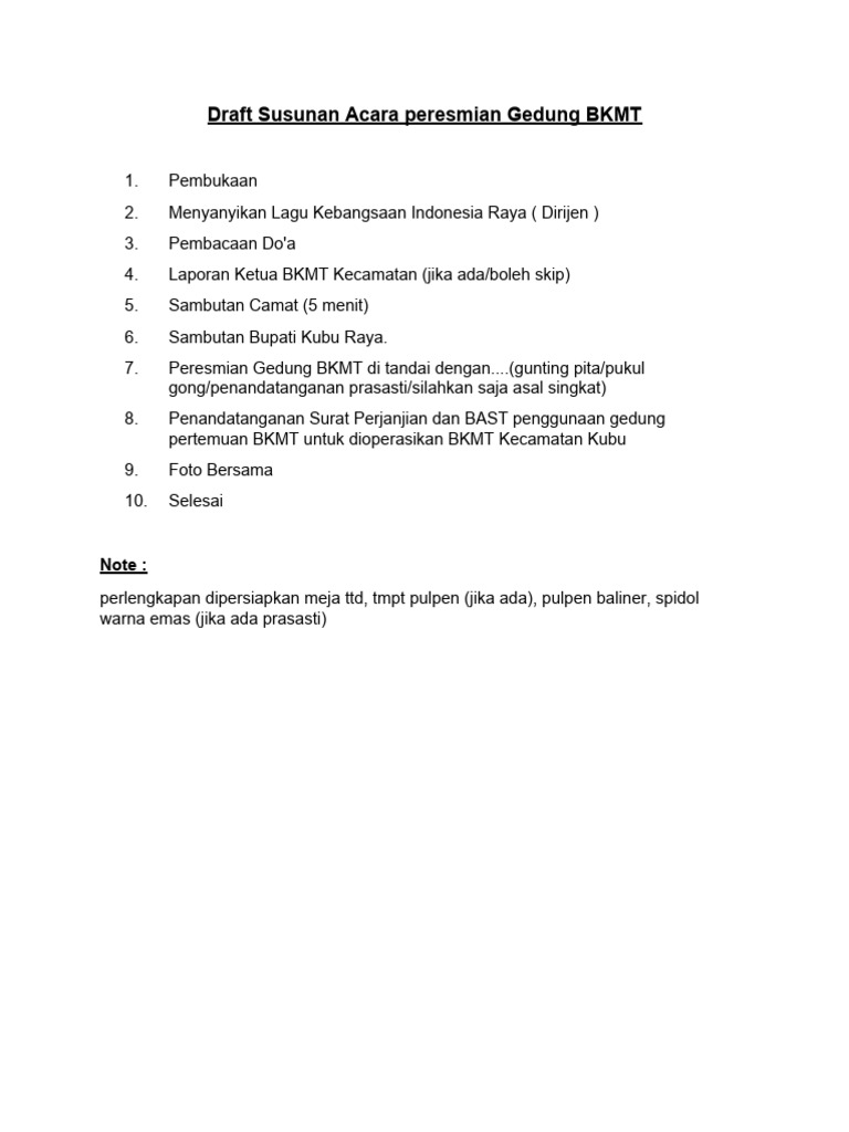 Draft Susunan Acara Peresmian Gedung | PDF