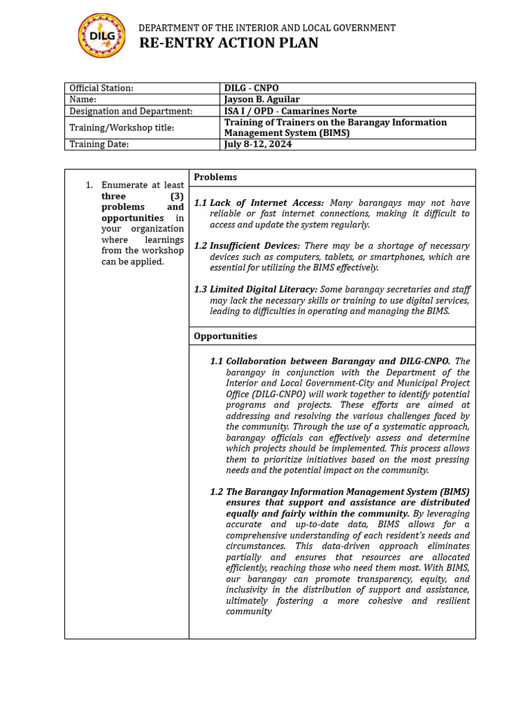 Re-Entry Action Plan BIMS Copy (AutoRecovered) | PDF | Building Information Modeling | Security