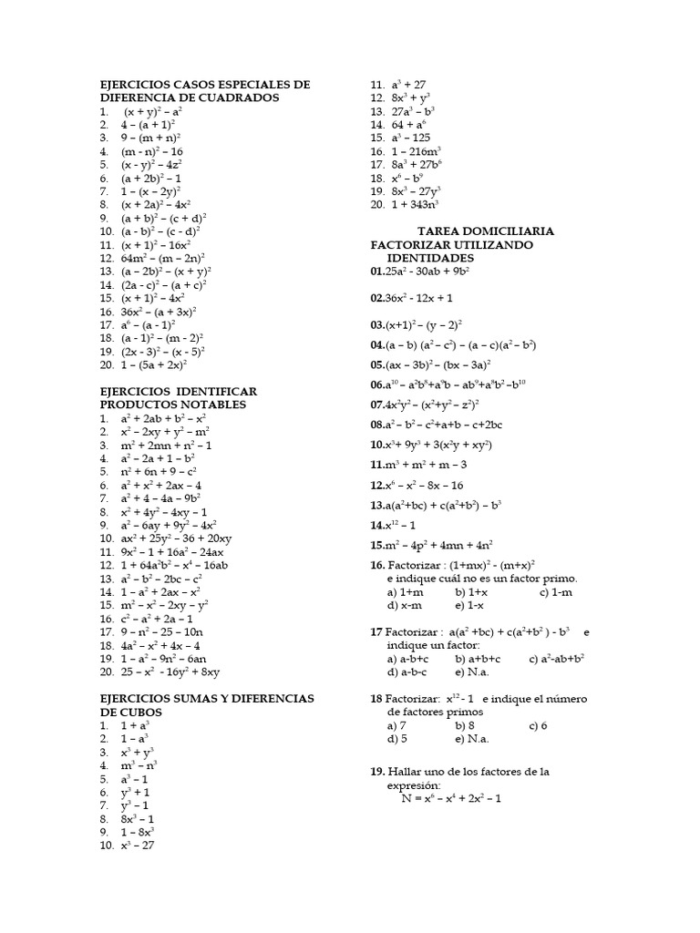 Ejercicios Casos Especiales de Diferencia de Cuadrados | PDF | Ajedrez