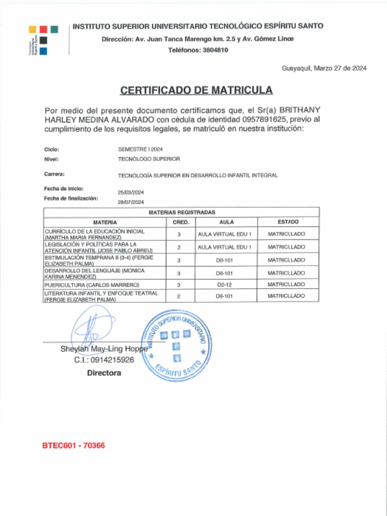 Certificado de Matricula Medina Alvarado | PDF