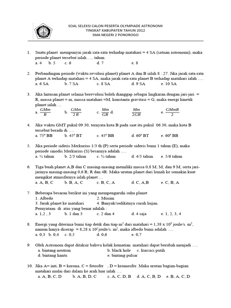 Soal Seleksi Olimpiade Astronomi 2012 | PDF
