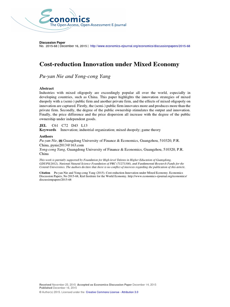 Cost-Reduction Innovation in Mixed Oligopoly | PDF | Oligopoly | Profit ...