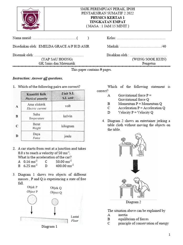 Fizik F4 Paper 1 Us2 | PDF | Force | Orbit