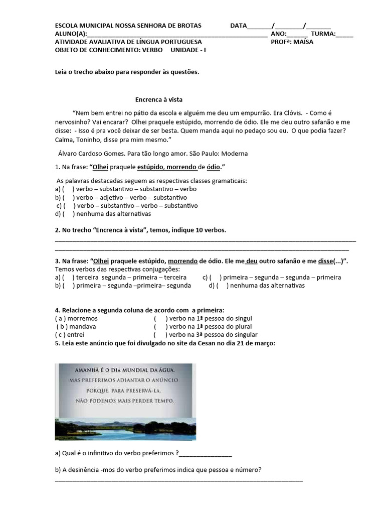 Atividades Verbo 7ano 2024 | PDF | Tipologia linguística | Gramática