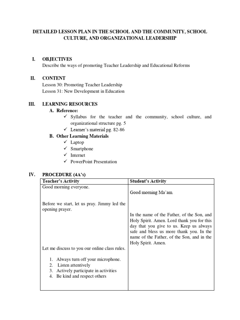 4a's Lesson Plan in Community | PDF | Teachers | Leadership