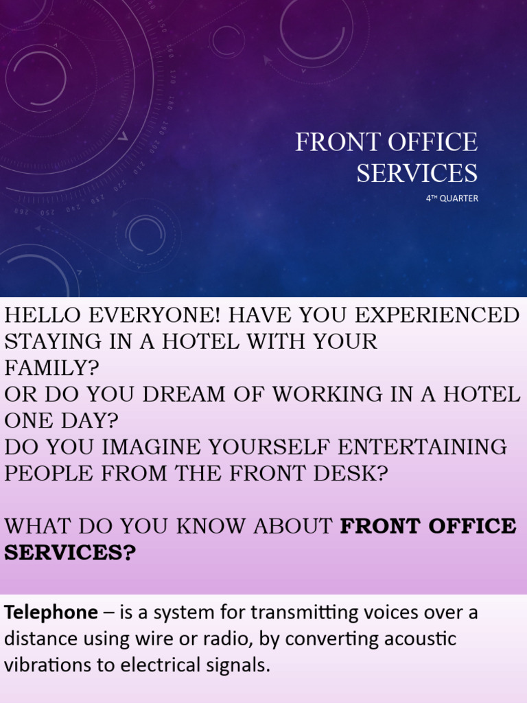 Front Office Services Overview | PDF | Business | Technology & Engineering
