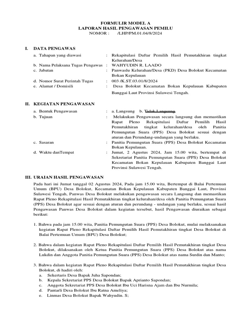 Form - A - Pleno DPHP - Desa BOLOKUT | PDF