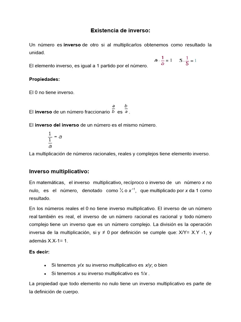 Existencia de Inverso y Elemento Neutro | PDF | Números | Función (Matemáticas)