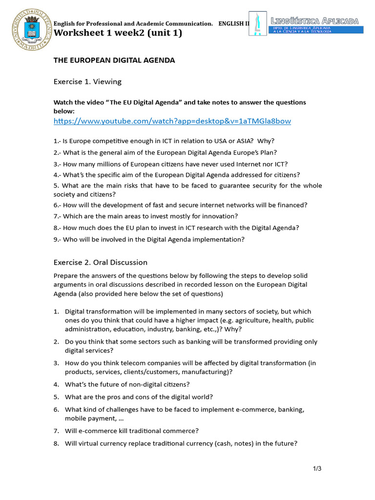 Worksheet 1 - Week2 - EuropeanDigitalAgenda | PDF | Argument | European ...