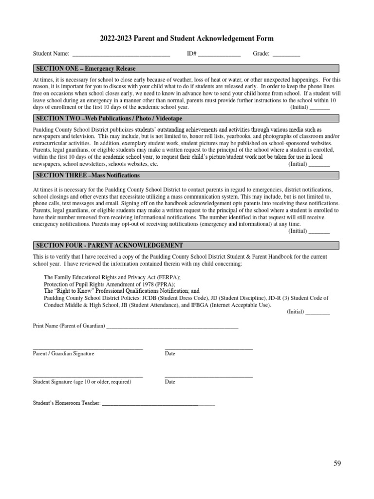 Parent and Student Acknowledgement Form | PDF