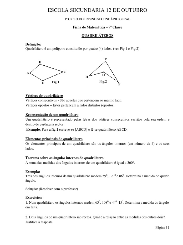 Ficha-9ª classe-Quadriláteros | PDF | Geometria Elementar | Geometria Euclidiana