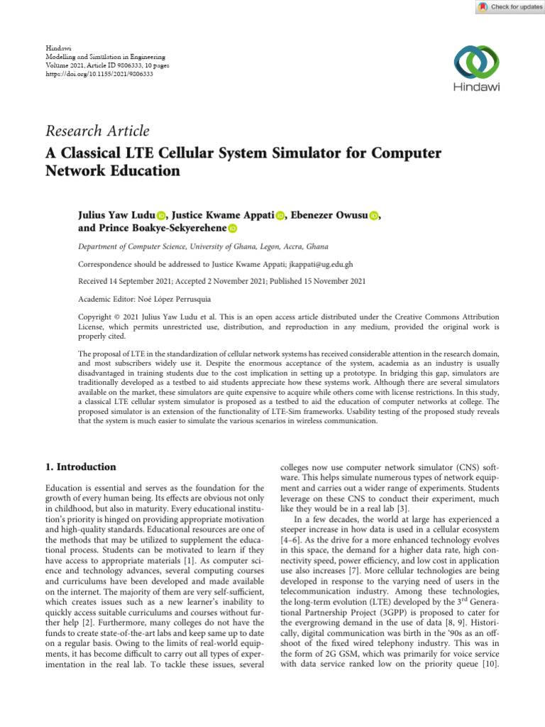 Modelling and Simulation in Engineering - 2021 - Ludu - A Classical LTE Cellular System ...