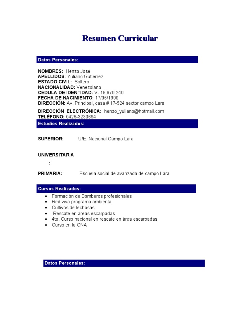 Modelo Resumen Curricular | Descargar gratis PDF | Bombero | Bienestar