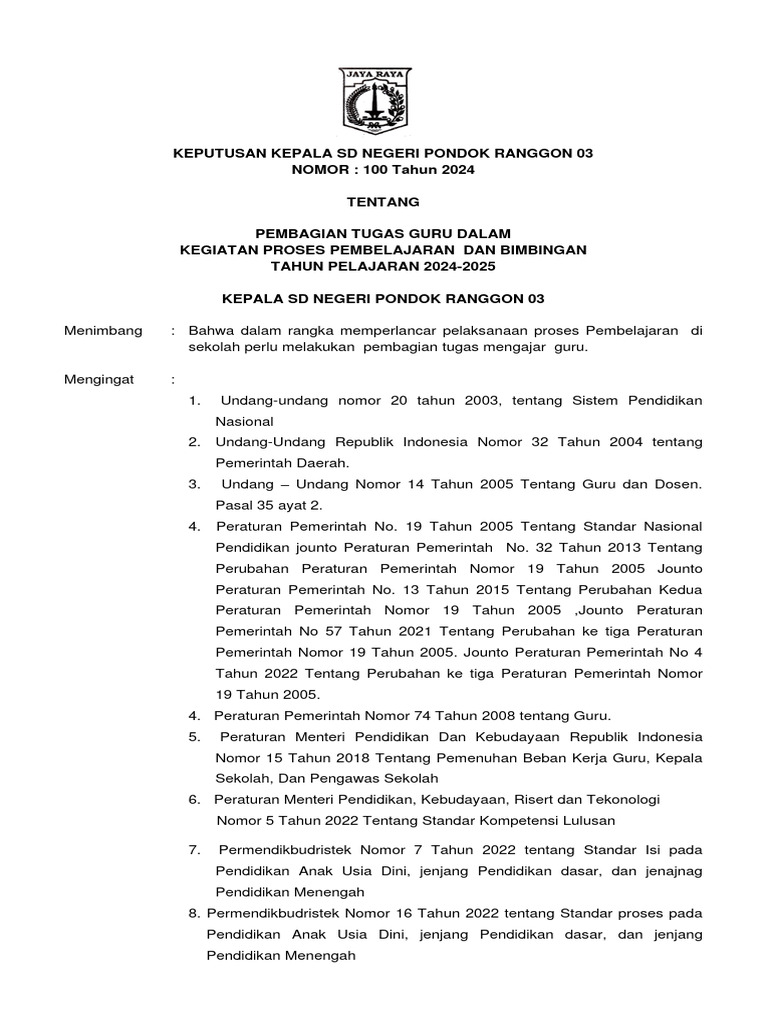 SK Pembagian Tugas Dan Tambahan 2024-2025 | PDF