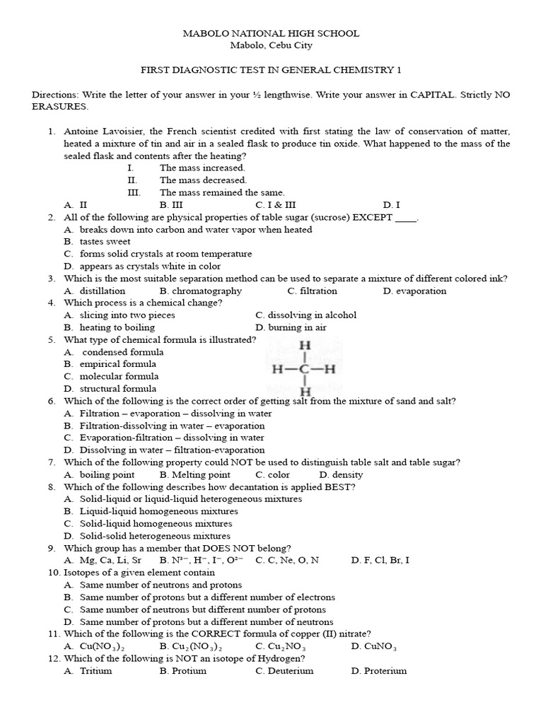 2024 Diagnostic Test General Chemistry 1 | PDF | Chemical Compounds ...