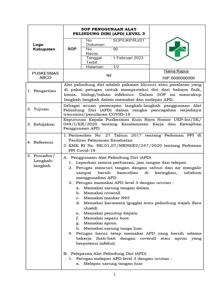 SOP PENGGUNAAN APD Level 3 | PDF