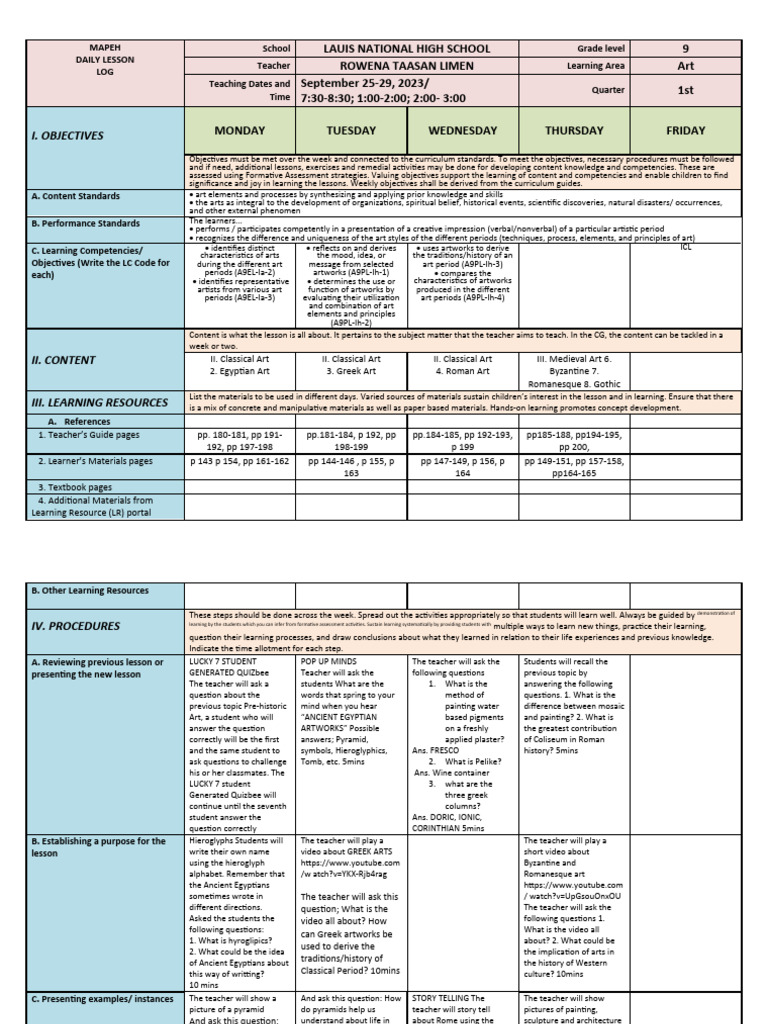 Arts G9 Q1 - Week 5 - DLL | PDF | Ancient Egypt | Learning
