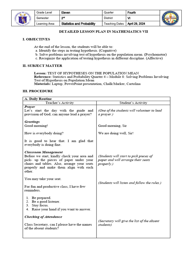 DETAILED LESSON PLAN IN MATHEMATICS XI Week 5 Hypothesis Testing | PDF ...